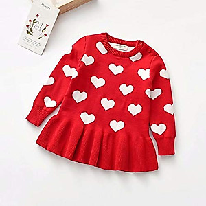 Toddler Baby Girl Valentine's Day Outfit Long Sleeve Heart Knitted Ruffle Sweater Dress Valentine's Day Clothes (Red, 3-4T)