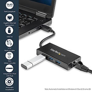 StarTech.com USB 3.0 Hub with Gigabit Ethernet Adapter - 5Gbps - 3 Port - NIC - USB Network / LAN Adapter - Windows & Mac Compatible , TAA (ST3300G3UA)