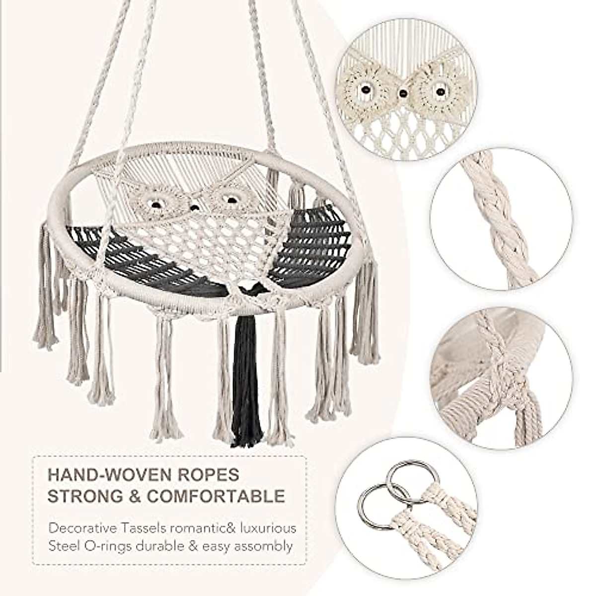 Prime Garden Hammock Chair, Owl Hanging Macrame Swing with Hardware Kits, Handmade Knitted Mesh Rope Swing Chair for Indoor, Outdoor, Bedroom, Patio, Garden, Small (Width 60 CM)