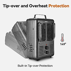 Shinic Space Heater,1500W Milkhouse Heater with Thermostat, Stay Cool Durable Metal Housing, Overheat protection, 3-Prong Plug, Tip-Over Auto Shut Off, Utility Heater for Garage, Bedroom, Greenhouse