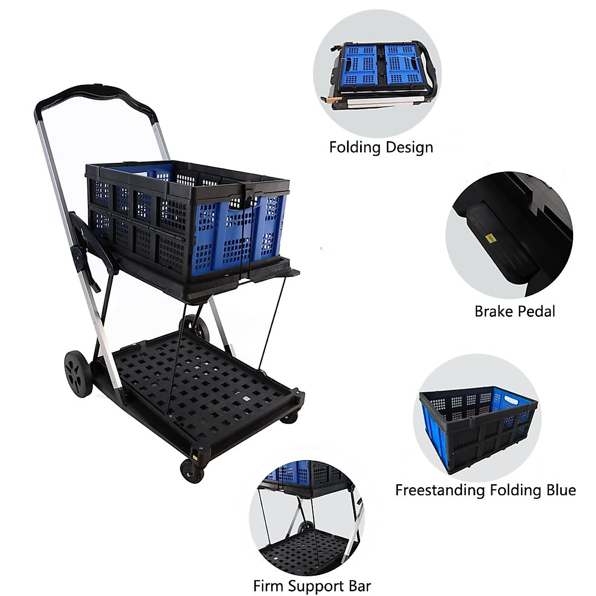 2-Tier Folding Shopping Cart with Wheels, Collapsible Utility Cart Multi Use Functional, 2 in 1 Hand Truck for Grocery/Luggage/Moving