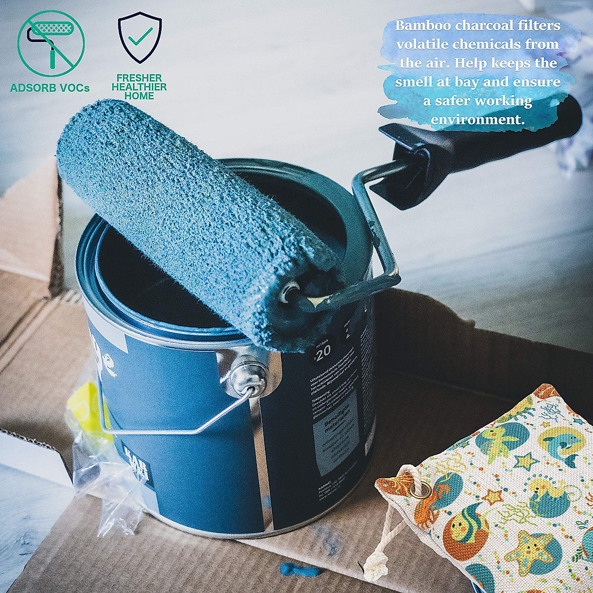 HOMLT Activated Bamboo Charcoal Air Purifying Bags (200g x4)- Natural Kids and Pet-Friendly Air Purifier, Deodorizer, Dehumidifier -Odor Eliminator, Moisture Absorber, Freshener for Home & Car (Ocean)