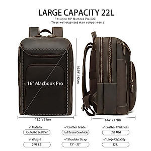 Taertii Vintage Full Grain Genuine Leather Backpack for Men, 16" Laptop School Travel Business Overnight Bag Rucksack Daypack 22L