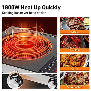 OCTAVO 1800W Portable Ceramic Countertop Infrared Burner with 4 Hours Timer, Touch Control Panel Adjustable Heating Power