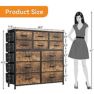 12 Dresser for Bedroom, Chest of Drawers for Bedroom with Side Pockets and Hooks, Fabric Storage Dresser, Sturdy Steel Frame, Wood Top, Easy Pull Handle (Rustic Brown)