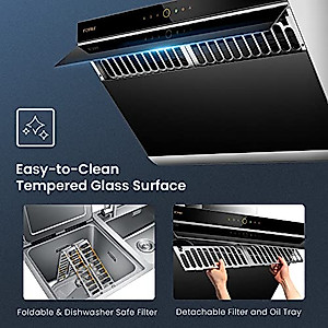 FOTILE JQG7505 30” Under-Cabinet or Wall-Mount Range Hood | Dual DC-Motor | Slant Vent Design | Hands Free On and Off | Touchscreen with 4 Speed Level | Modern Kitchen Onyx Black Glass