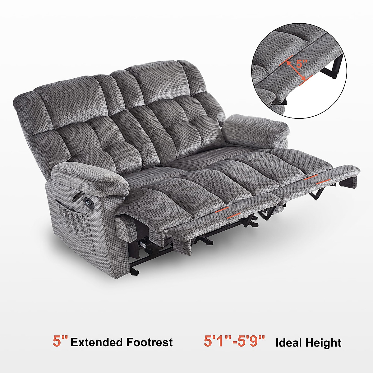 MCombo 58.7" Power Loveseat Recliner, Electric Reclining Loveseat Sofa with Heat and Massage, USB Charge Port for Living Room 6237 (Grey, Loveseat Recliner)