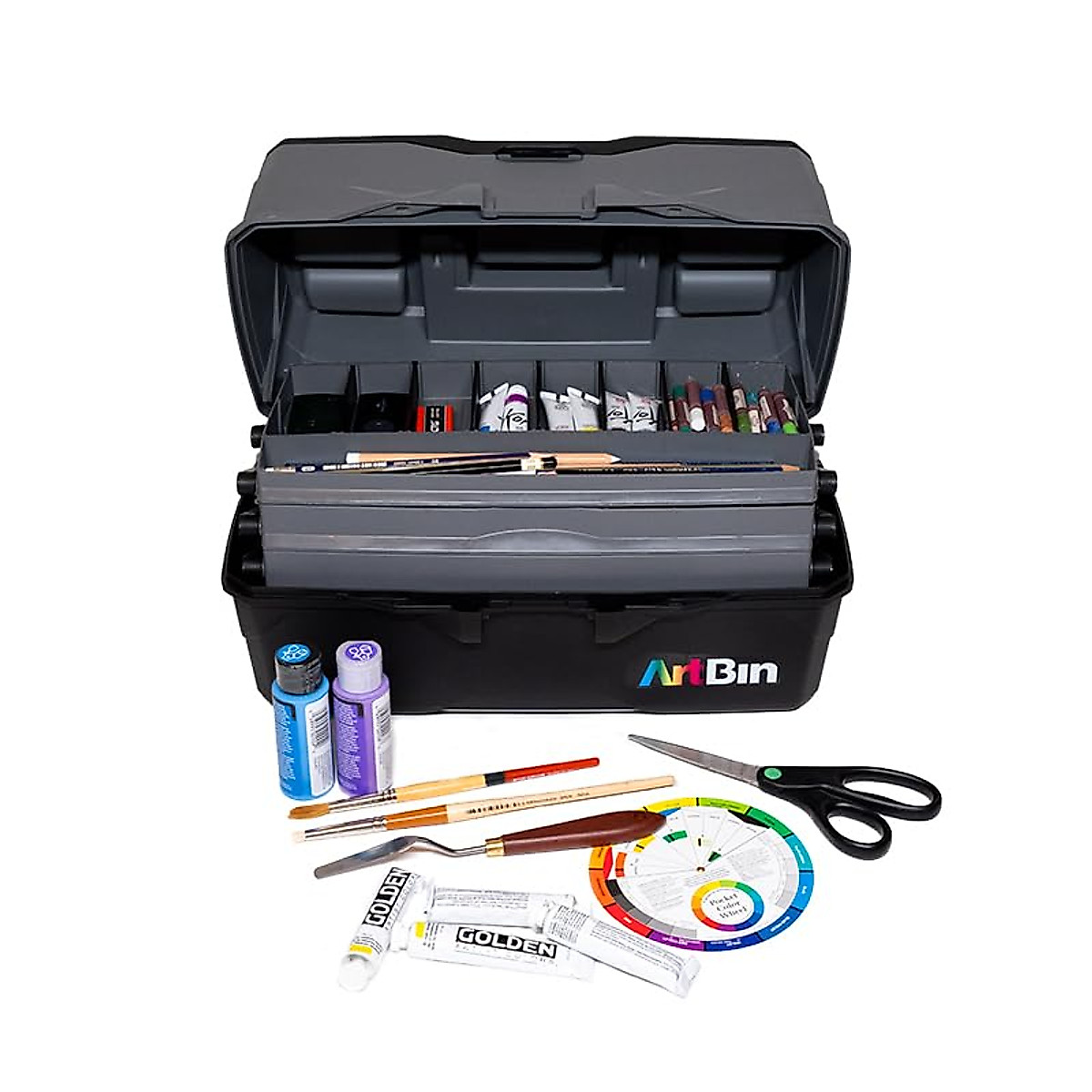 ArtBin 3-Tray Art Supply Box Versatile Organizer for Brushes, Paints, Stamps, and More - Durable Hard Plastic, Secure Closure, Portable with Top Trays and Dividers