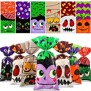 Funrous 120 Pcs Halloween Plastic Bags Halloween Cellophane Bags Candy Cookie Goodie Bags Halloween Treat Bags with 120 Silver Twist Ties for Halloween Party Favors
