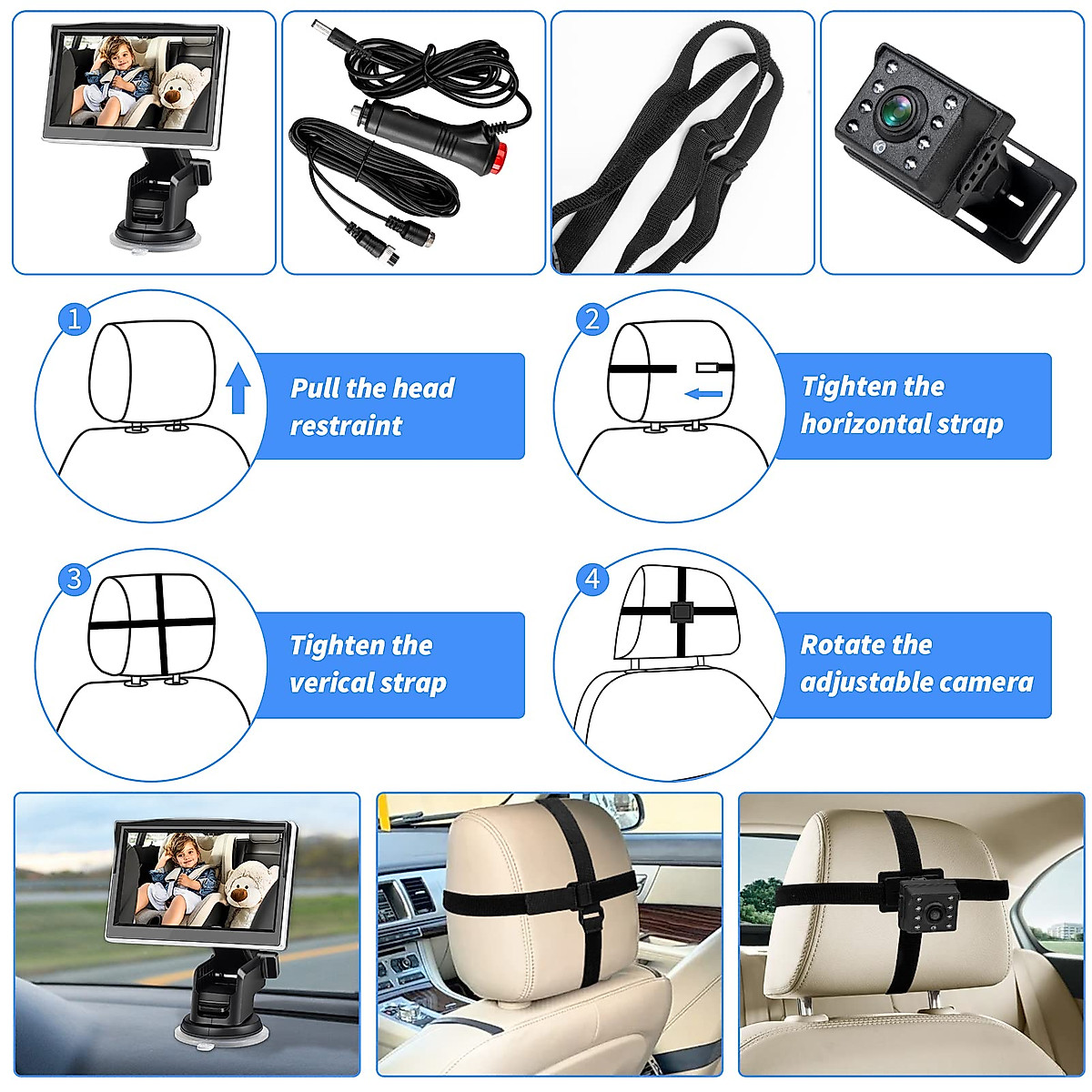 EMSIKC 5 Inch AHD Baby Car Mirror,1080P Sucker Bracket Monitor Display with Infrared Night Vision Function Baby Car Camera,View Infant in Rear Facing Seat with 150°Wide View