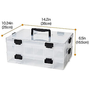 EZOWare 2-Tier Art Craft Storage Organizer Box with 118 Grid Compartments & Handle, Stackable Clear Plastic Adjustable Divider Container Bin for Jewelry, Building Block, Fishing, Sewing Supplies