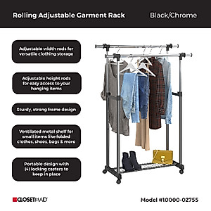 ClosetMaid Double Rail Portable Rolling Garment Rack with Shoe Shelf, Adjustable Rod Width and Height, Black/Chrome