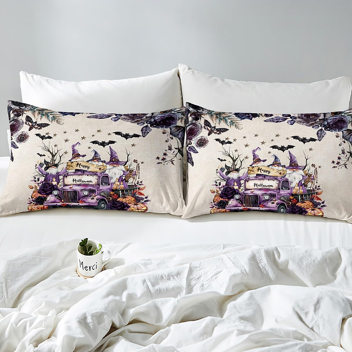 Manfei Happy Halloween Fitted Sheet Full Size, Cute Gnome Ghost Bed Cover with 2 Pillowcases, Gothic Moth Floral Bedding Set 3pcs for Kids Boy Girl Room Decor, Soft Polyester Bedding