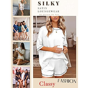 Ekouaer Womens Silk Pajamas Set Short Sleeve Shirts and Pj Shorts 2 Piece Plus Satin Pajamas Cute Sleepwear White XXL