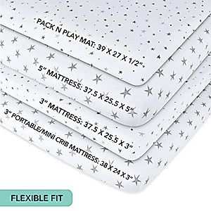 Ely's & Co. Patent Pending Waterproof Pack n Play│Mini Crib Sheet 2-Pack Set for Baby Boy or Baby Girl - 100% Combed Jersey Knit Cotton Sheets with Eco-Friendly Waterproof Lining — Grey Stars