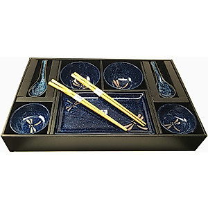 Ebros Gift Japanese Mino Ware Tombo Dragonfly Blue Porcelain Sushi Dinnerware 10pc Set For 2 People Pairs of Sushi Plates Soup And Sauce Bowls Bamboo Chopsticks Asian Soup Spoons Housewarming Gift