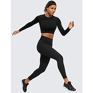 CRZ YOGA Seamless Long Sleeve Shirts for Women Workout Athletic Crop Tops Cropped Running Gym Yoga T-Shirts Black Medium