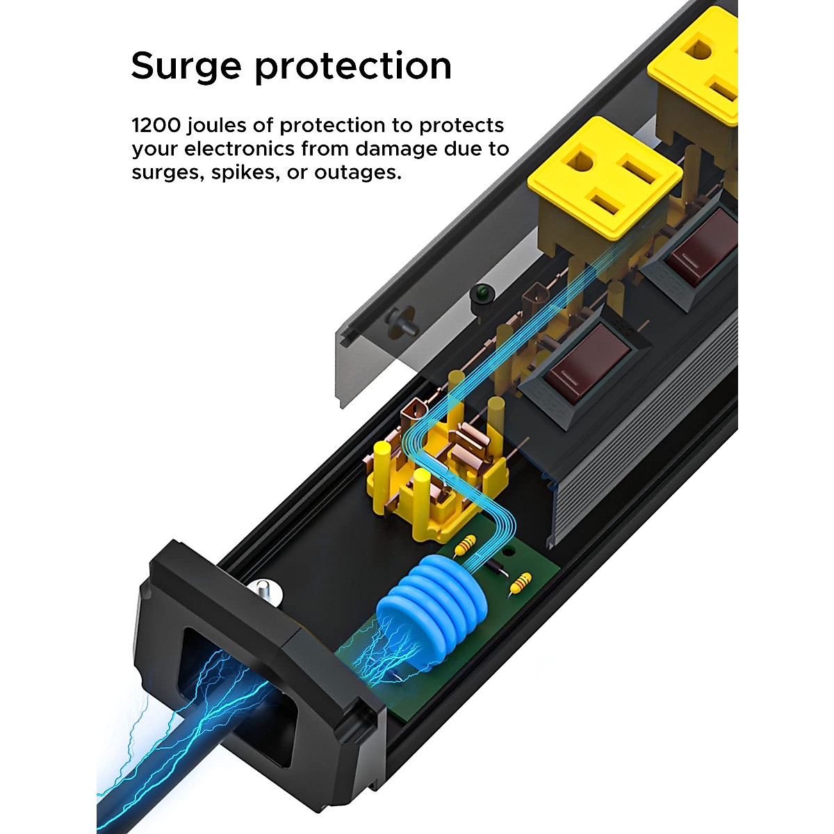 CRST 6 Outlet Heavy Duty Power Strip with Individual Switches, 15A/1875W Moutable Metal Power Strip Surge Protector with Circuit Breaker (1200 Joules), 6 FT 14AWG Extension Cord