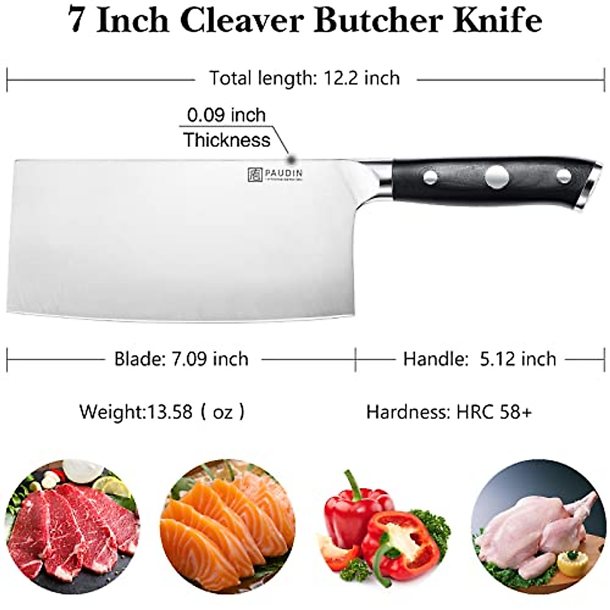 PAUDIN Cleaver Knife - 7 inch Meat Cleaver, High Carbon German Steel Heavy Duty Chinese Chef Knife with G10 Handle, Full Tang Butcher Knife