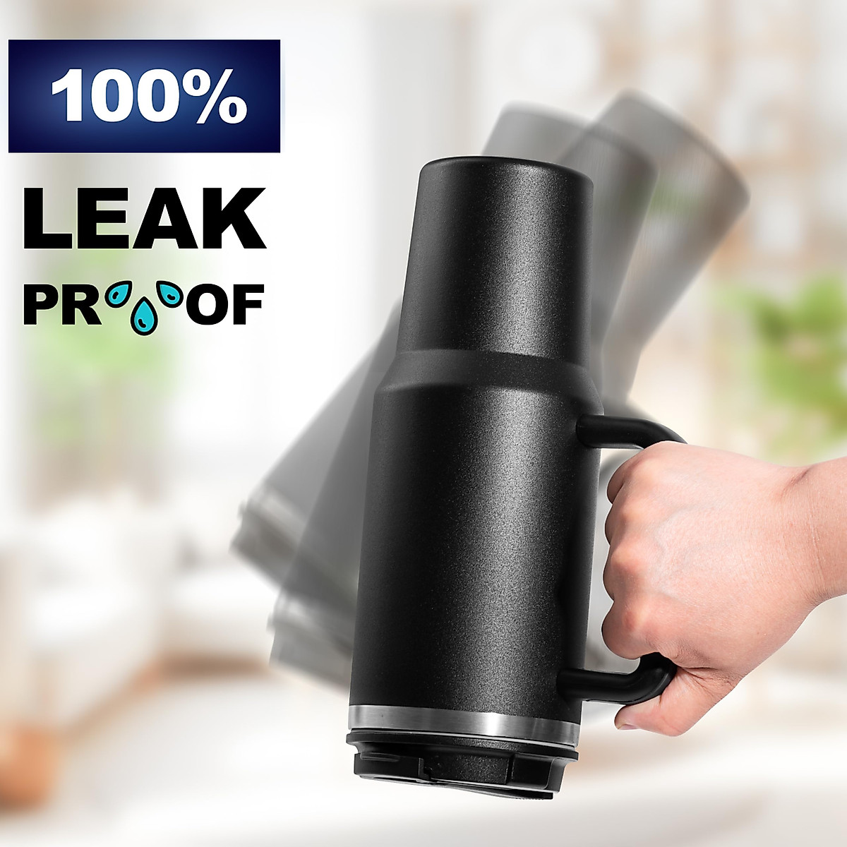 Klickpick Home 40 Ounce Stainless Steel Vaccum Insulated Thermal Tumbler With Handle Lid 2 straws, Reusable Travel Coffee Mug Cup Cupholder friendly, Keeps cold for 30 H, 100% Leakproof, Black