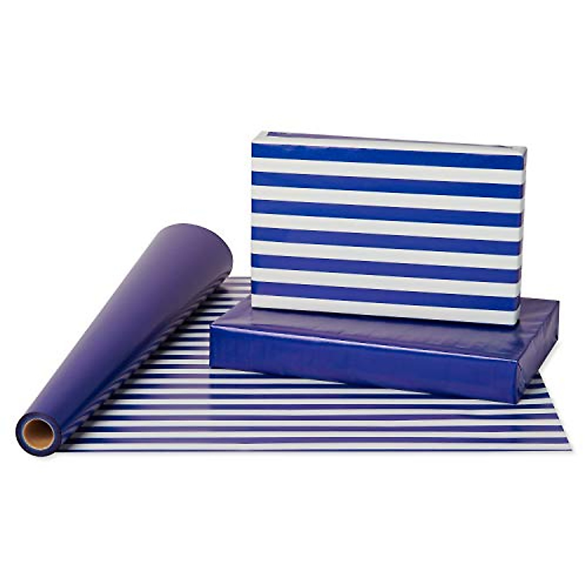 American Greetings Reversible Wrapping Paper Jumbo Roll for Birthdays, Mother's Day, Father's Day, Graduation and All Occasions, Navy and Stripes (1 Roll, 175 sq. ft.)