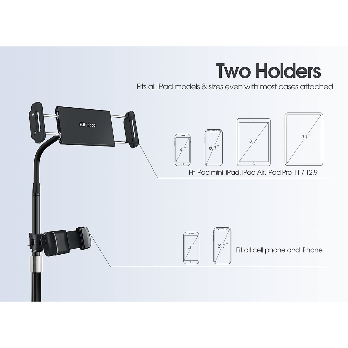 elitehood Tablet Stand Holder, Angle Height Adjustable Phone & Tablet Holder for Desk, Thick Case Friendly iPad Holder Stand Compatible with 4.7-13" iPad, iPad Pro 12.9 Air Mini 4, Tab, Nexus, Kindle