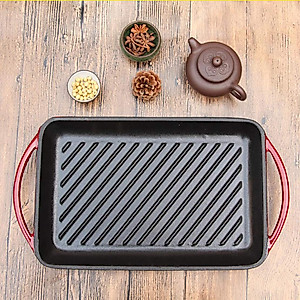 LI-GELISI Enameled Pre-Seasoned Cast Iron Double Handle Rectangle Grill Pan 15.8 inch, Red