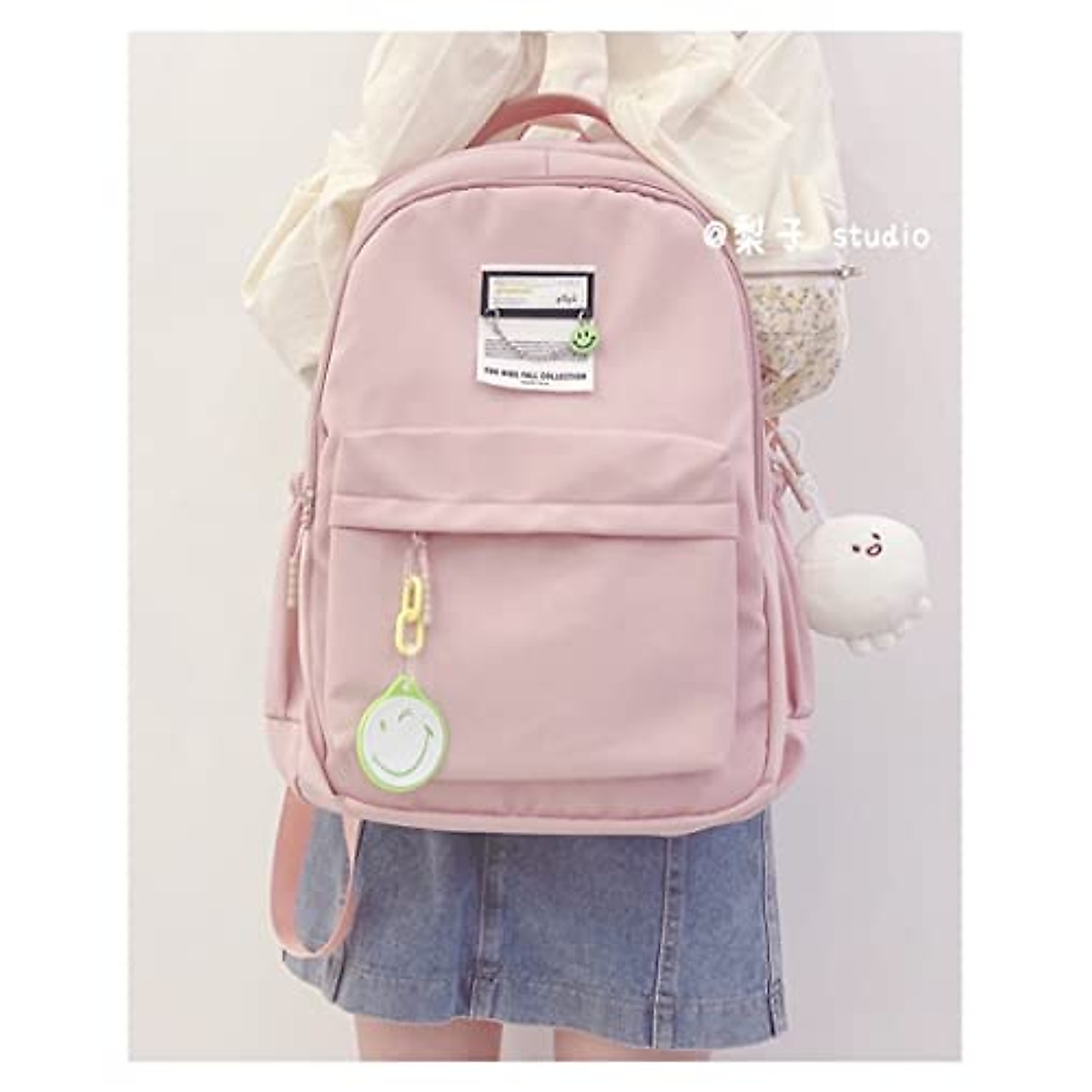 JHTPSLR Preppy Backpack Smiley Face Solid Preppy Aesthetic Backpack with Accessories Teen Girls Back to School Supplies (Pink)