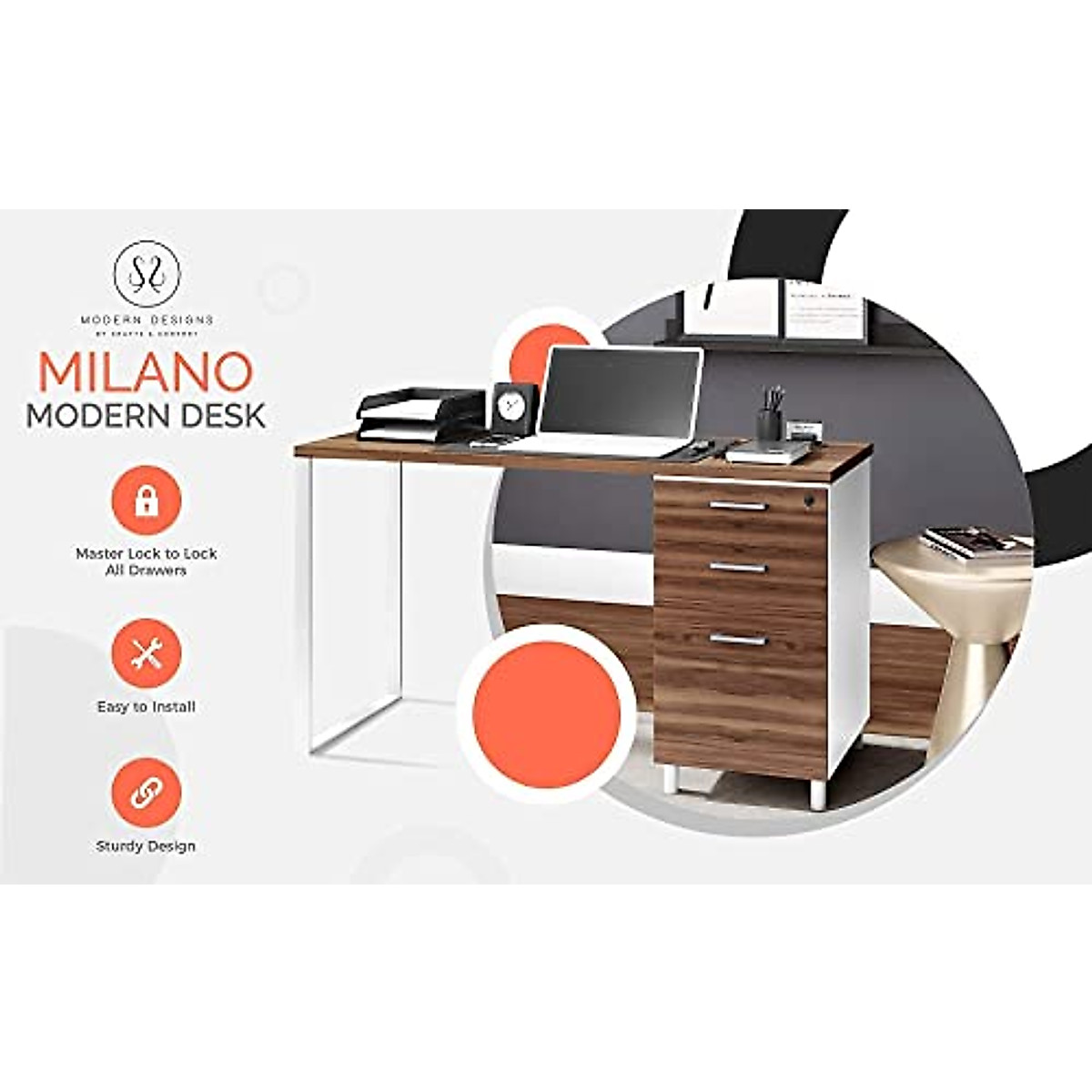 Milano Home Office Desk - 47Inch Cass Walnut/White Home Office Desk with Drawers - Modern Computer Desk with Storage, Detachable & Lockable Computer Cabinet - Wooden Office, Study, and Writing Table