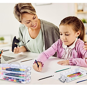 Anstore Storage Bins with Lids, 2 x 3 Tier Stackable Clear Plastic Storage Bins, Storage Container with Handle for Home, Office Supplies and Craft organization and Storage(Pink&Grey)