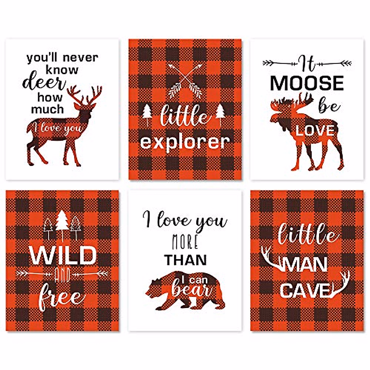 HLNIUC Woodland Animals Buffalo Plaid Nursery Wall Art,Red&Black Forest Deer Art Print,Set Of 6 (8”X10”,Unframed) Inspirational Kids Room Canvas Poster,Little Man Cave Decor For Boy Bedroom,Playroom