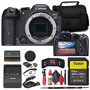 Canon EOS R7 Mirrorless Camera (5137C002) + Sony 64GB Tough SD Card + Bag + Card Reader + Flex Tripod + Hand Strap + Memory Wallet + Cap Keeper + Cleaning Kit (Renewed)