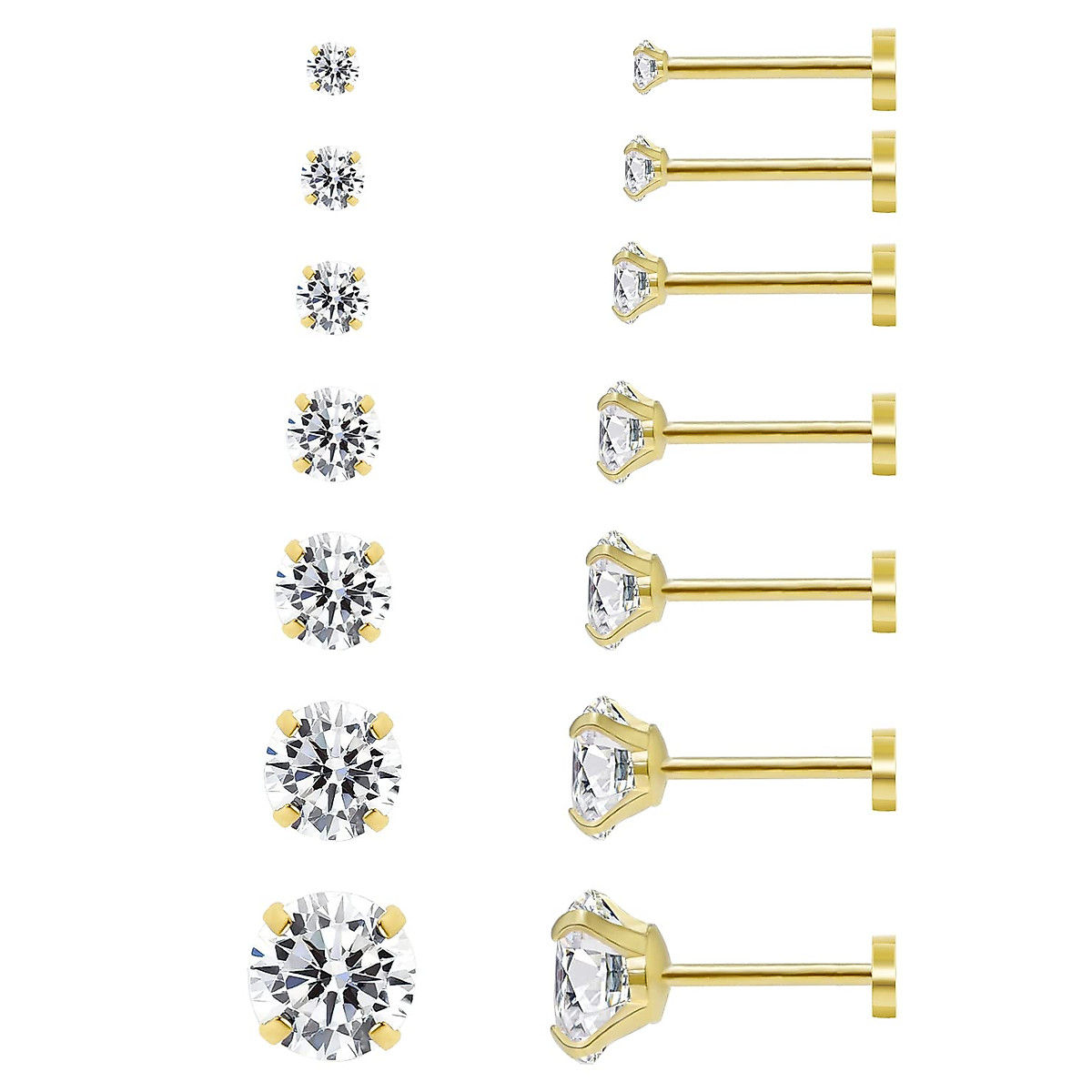 7 Pairs Flat Back Stud Earrings Set for Women, Hypoallergenic Surgical Steel Cubic Zirconia Earrings Studs for Lobe Cartilage Helix (2-8MM)