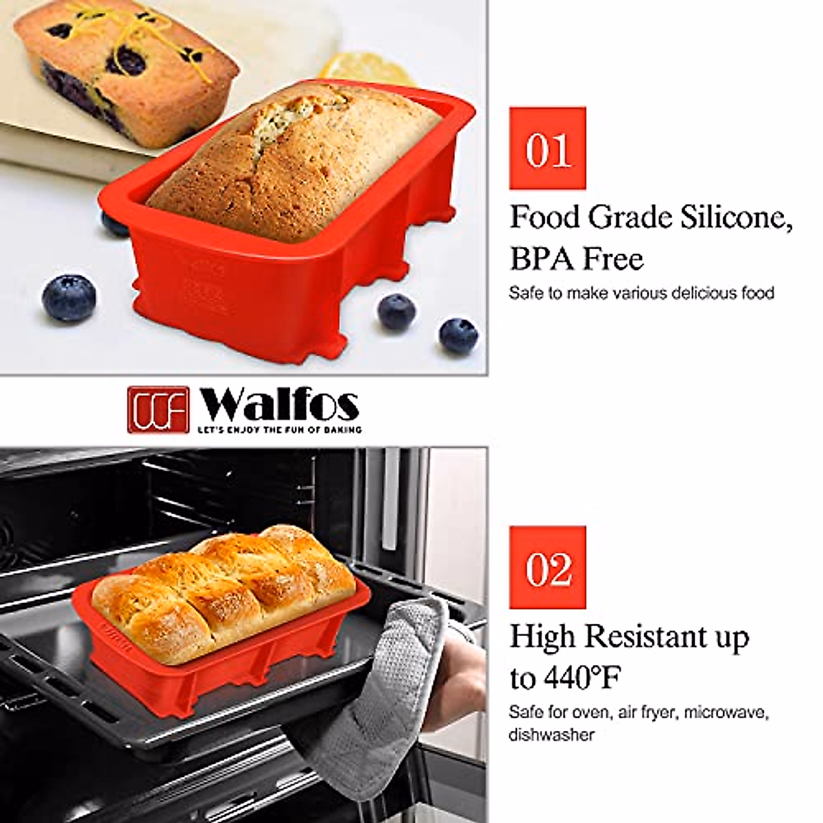 Walfos Silicone Loaf Pan - Non-Stick Silicone Bread Pan, Just PoP Out! Perfect for Bread, Cake, Brownies, Meatloaf, BPA Free & Dishwasher Safe