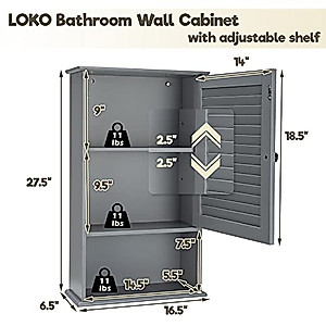 LOKO Bathroom Wall Cabinet, Bathroom Cabinet Wall Mounted with Single Shutter Door and Adjustable Shelf, Small Medicine Cabinet for Living Room, Kitchen or Entryway, 16.5 x 6.5 x 27.5 inches (Grey)
