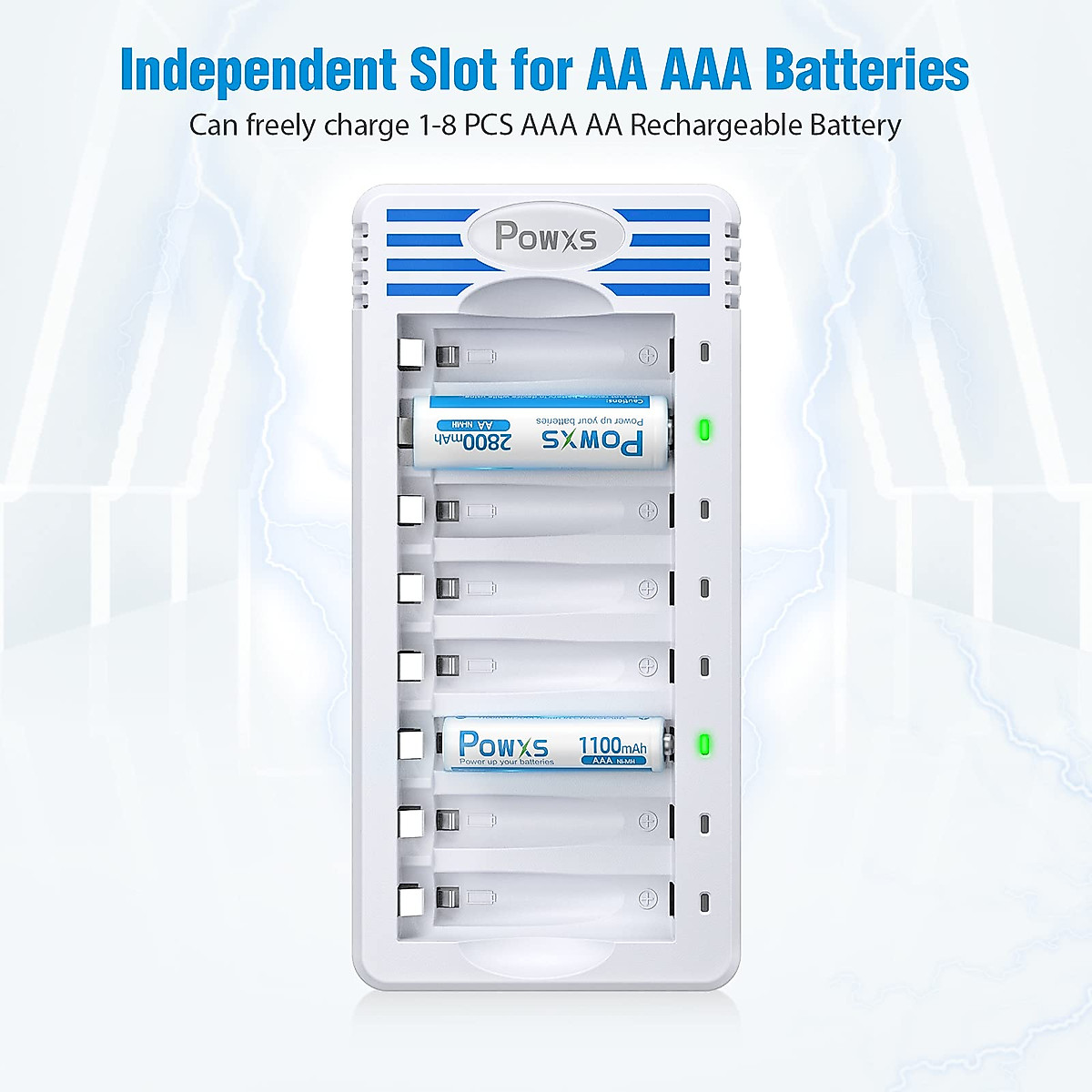 POWXS 8 Bay AA AAA Batteries Charger, Independent and Fast Battery Charger for 1.2V Ni-MH Ni-CD AA Triple AAA Rechargeable Batteries with Convenient USB Cable