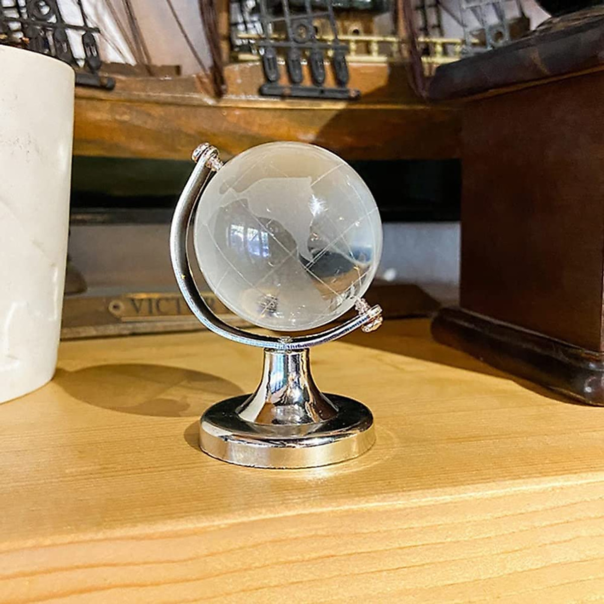 4every Mini World Globe Crystal Glass Clear Paperweight Desk Office Home Decor Wedding Favor Crafts Ornaments Gifts, Miniature Ball Sphere Display, Round Earth(Ball Diameter 8.5cm)