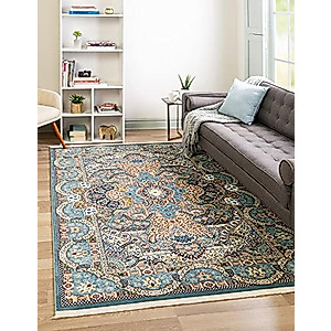 Unique Loom Narenj Collection Classic Traditional Medallion Textured Design Area Rug, 8 x 10 ft, Blue/Tan