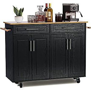 Kitchen Islands with Storage, Kitchen Carts and Islands Rolling Kitchen Island Storage Cabinets on Wheels with Drawers, Towel Rack and Shelves in Dining Room, Black