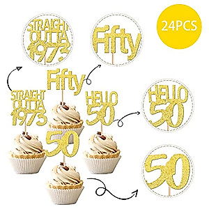 36PCS Happy 50th Birthday Cupcake Toppers Gold Glitter Fifty Hello 50 Straight Outta 1973 Cupcake Picks for Cheers to 50 Years Birthday Wedding Anniversary Party Cake Decorations Supplies
