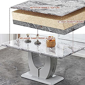 JUFU Modern Dining Table Set for 6,Rectangula Kitchen Table Set with Faux Marble Tabletop＆6 Pu Leather Upholstered Chairs Ideal for Dining Room, Kitchen