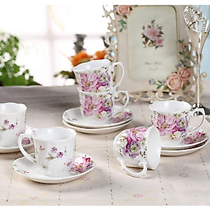 GuangYang 12 Pieces (Tiny Style) Espresso Cups and Saucers，2.5 ounce/80ml，Set of 6,Mini Premium Porcelain Coffee Cup Set, Fancy Flower Pattern Design