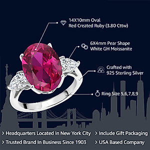 Gem Stone King 925 Sterling Silver Oval Red Created Ruby and White Moissanite 3 Stone Women Ring (3.80 Cttw, 14X10MM Oval and 6X4MM Pear Shape, Available In Size 5, 6, 7, 8, 9)