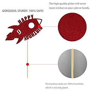 Red Rocket 9th Birthday Cake Topper, Glitter Boy Girl Space 9 Years Birthday Party Decoration