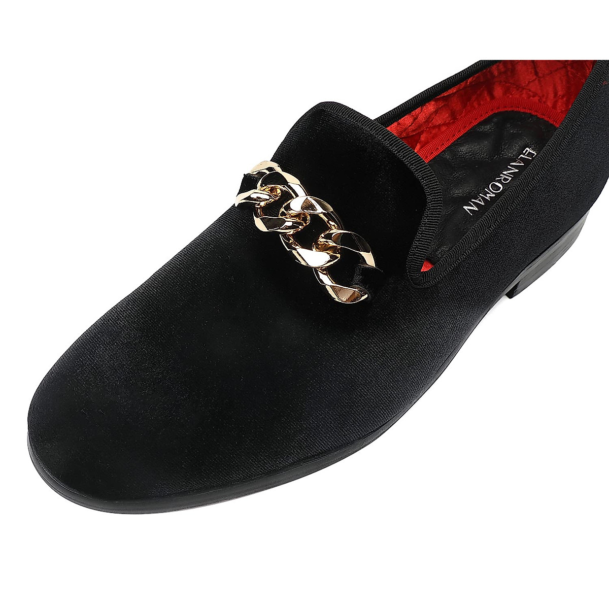 ELANROMAN Men's Velvet Loafers Fashion Gold Chain Penny Slip on Party Wedding Prom Shoes Black US 7