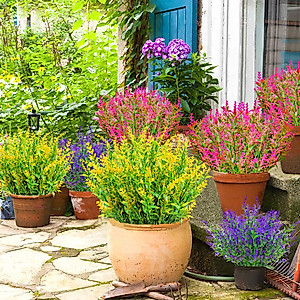 AUMVEYI 4 Bundles Artificial Lavender Mums Flowers Outdoor Fake Plants UV Resistant Faux Greenery Plastic Bouquet Bulk Decoration for Home Outside Garden Porch Hanging Planter Farmhouse Decor (Yellow)
