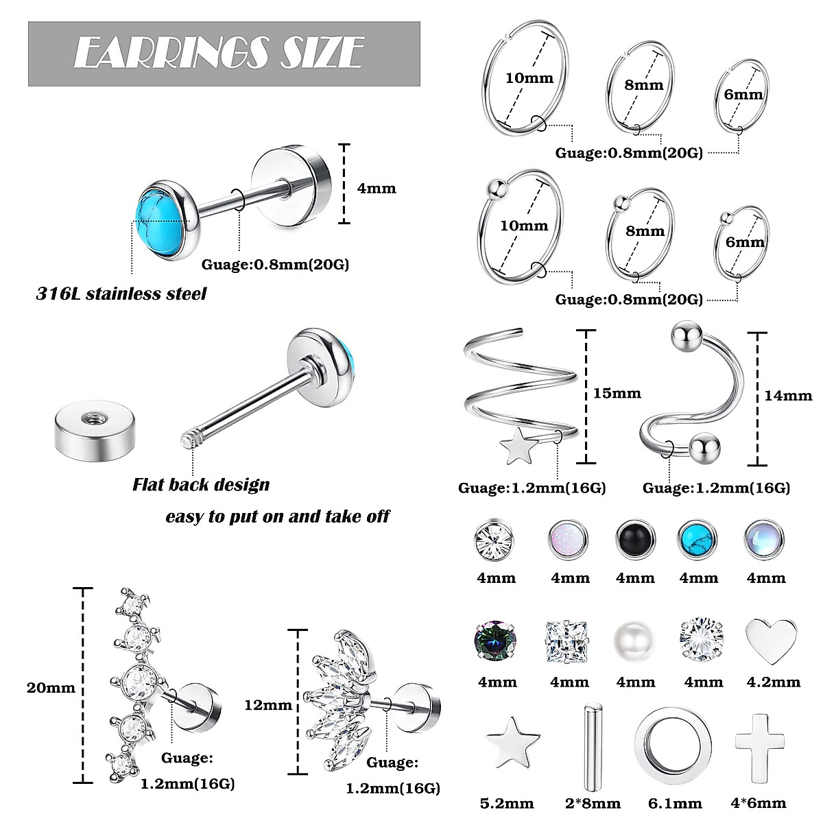 FASACCO Flat Back Cartilage Earrings Silver Surgical Steel Cartilage Hoop Stud Earrings Tragus Helix Piercing Jewelry
