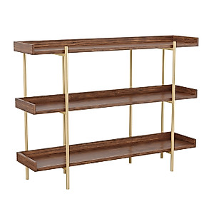 Martha Stewart Emmett 3 Shelf Storage Display Unit Bookcase with Metal, Set of 1, Walnut Wood Grain/Polished Brass Frame