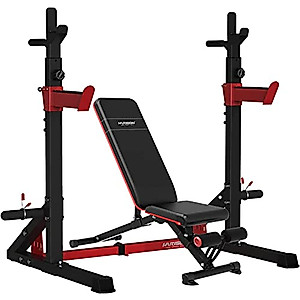 HARISON Multifunction Squat Rack with Adjustable Weight Bench, Heavy Duty Barbell Rack with Pull Up Bar Station for Home Gym