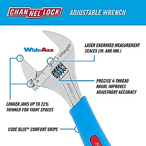 Channellock 8WCB 8-Inch WideAzz Adjustable Wrench|1.5-Inch Wide Jaw Opening|Precise Jaw Design Grips Tight-Even in Tight Spaces|Measurement Scales Engraved on the Tool|CODE BLUE Comfort Grip
